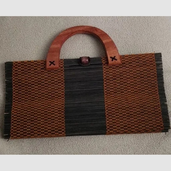 Bags | Vintage Collapsible Bamboo Handbag Slatted Double Wooden Handle ...